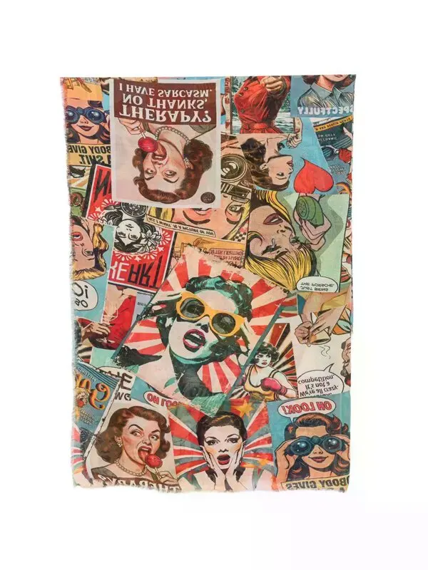 Faliero Sarti Comic-print Frayed Scarf - Blue