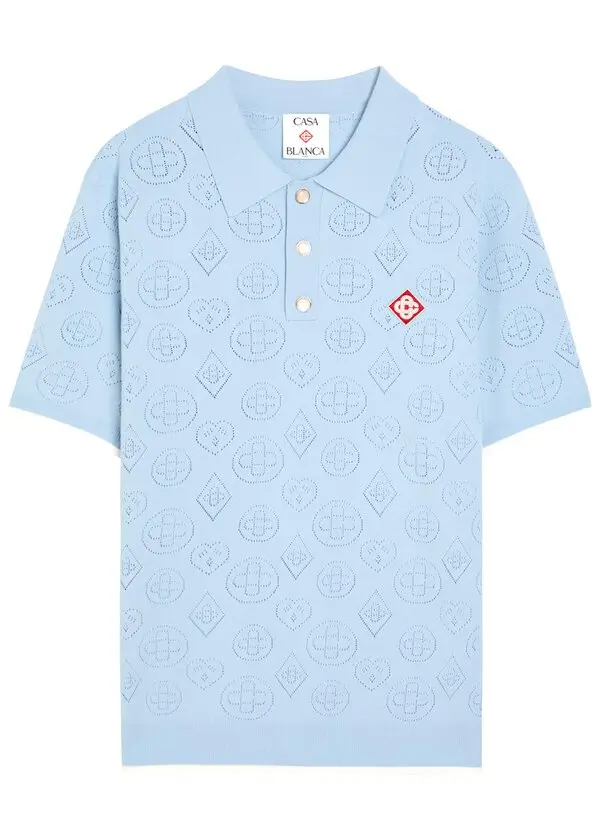 Casablanca Pointelle-knit Woven Polo Top - Blue