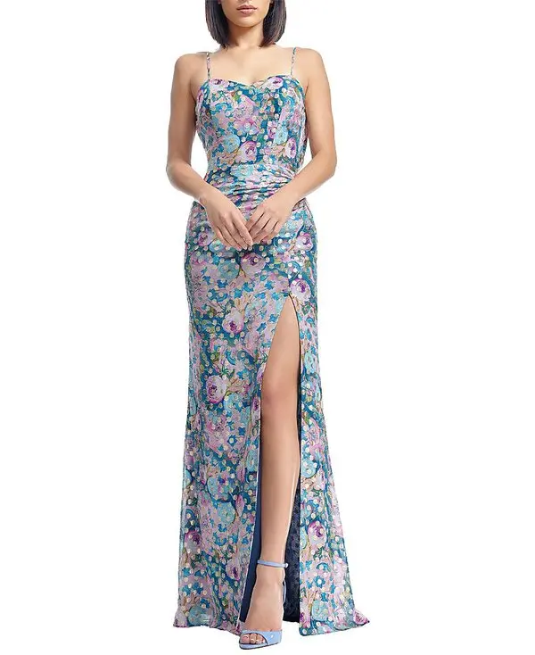 Dress The Population Drae Spaghetti Strap Floral Print Open Back High Slit Gown