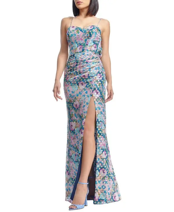 Dress The Population Drae Spaghetti Strap Floral Print Open Back High Slit Gown