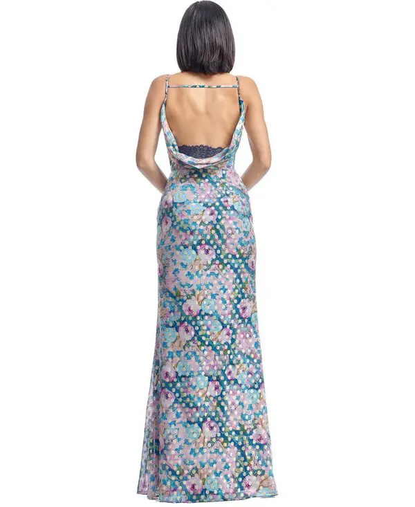 Dress The Population Drae Spaghetti Strap Floral Print Open Back High Slit Gown