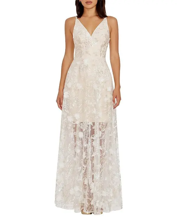 Dress The Population Sidney V-neck 3d Floral Sequin Sheer Overlay Gown - White Multi