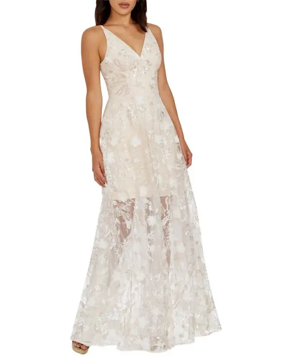 Dress The Population Sidney V-neck 3d Floral Sequin Sheer Overlay Gown