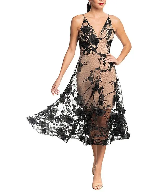 Dress The Population Audrey 3d Floral Embroidered V-neck Dress - Black/nude