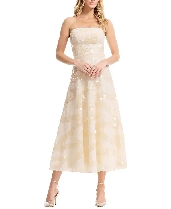 Dress The Population Kailyn Strapless Disc Sequin Floral A-line Midi Dress