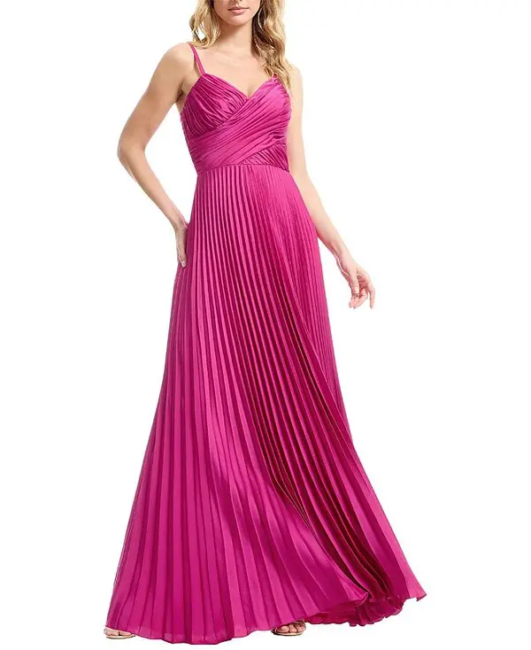 Dress The Population Sweetheart Spaghetti Strap Pleated Gown - Bright Fuchsia