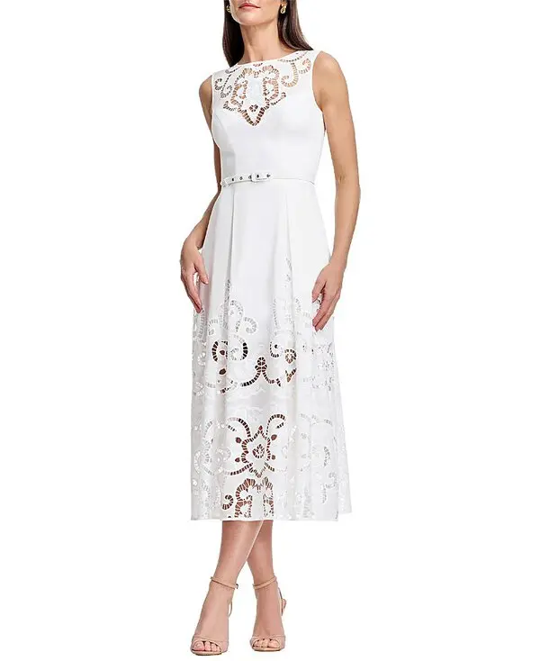 Dress The Population Colton Sleeveless Eyelet Lace Belted Midi Dress