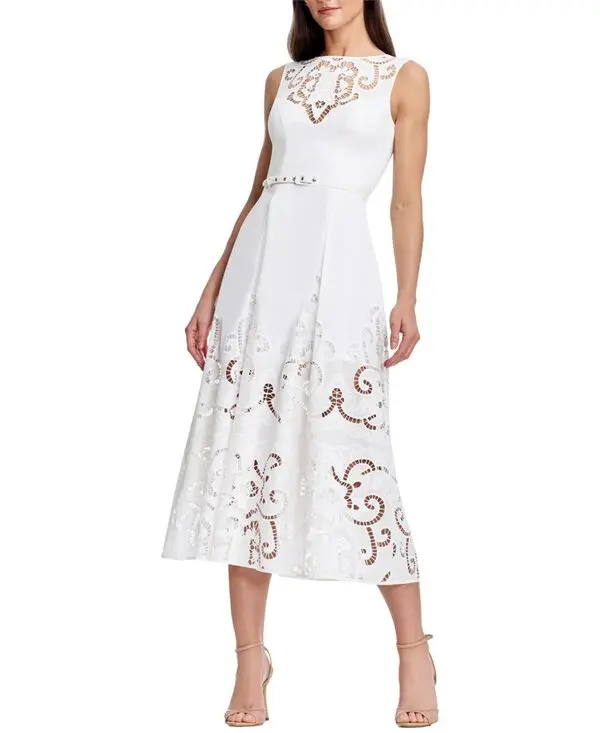 Dress The Population Colton Sleeveless Eyelet Lace Belted Midi Dress