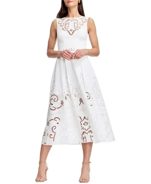 Dress The Population Colton Sleeveless Eyelet Lace Belted Midi Dress