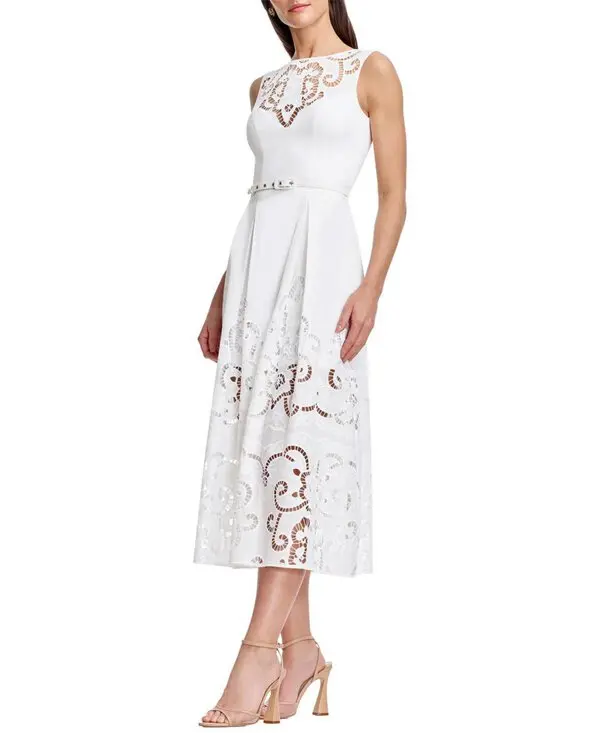 Dress The Population Colton Sleeveless Eyelet Lace Belted Midi Dress