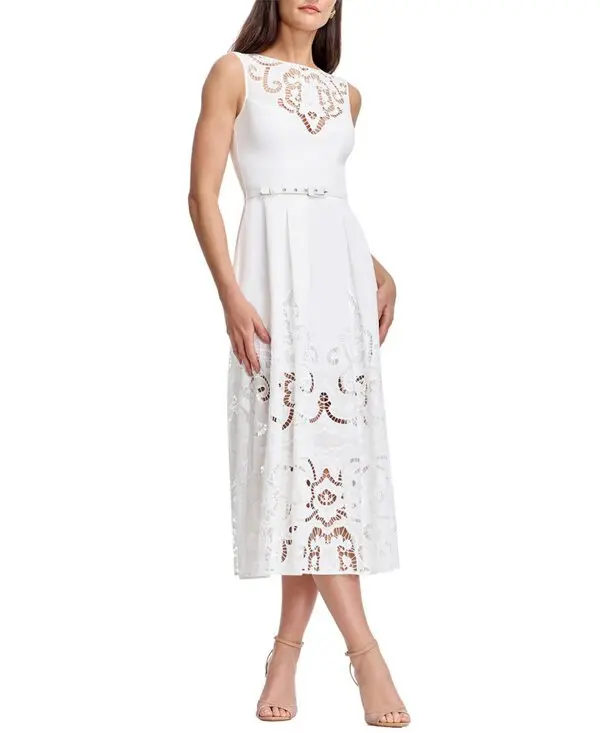 Dress The Population Colton Sleeveless Eyelet Lace Belted Midi Dress