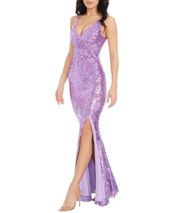 Dress The Population Jordan Plunge Neck Sequin High Slit Gown