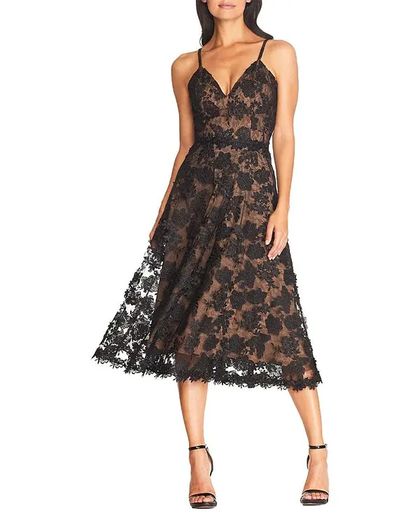 Dress The Population Tahani 3d Floral Lace V-neck Midi Dress - Black/nude