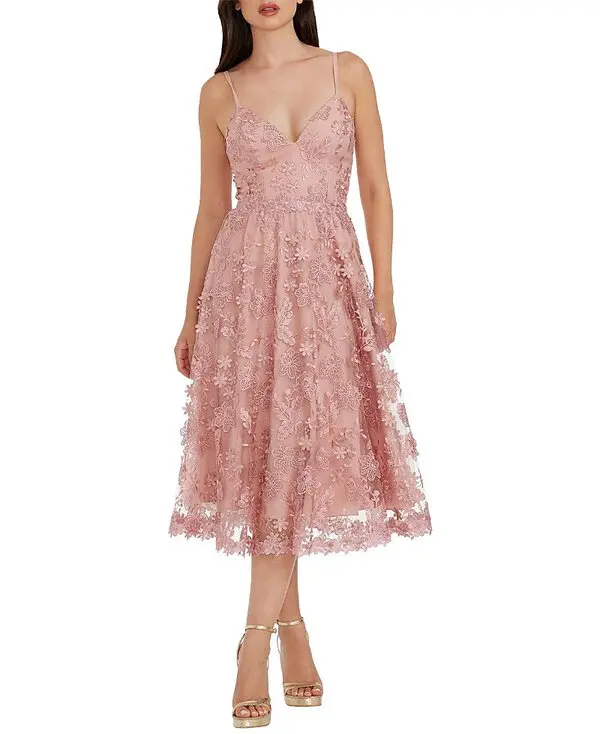 Dress The Population Tahani 3d Floral Lace V-neck Midi Dress - Blush