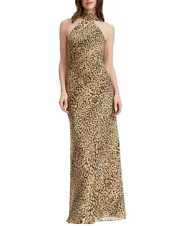 Dress The Population Halter Mock Neck Leopard Print Mermaid Gown