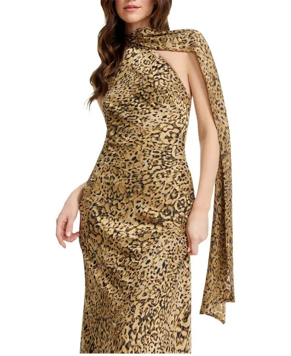 Dress The Population Halter Mock Neck Leopard Print Mermaid Gown