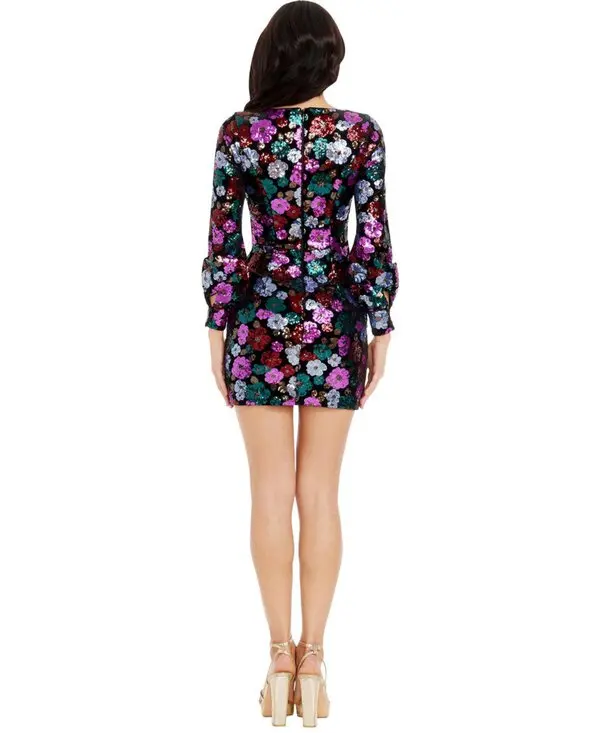 Dress The Population Elvie Long Sleeve Scoop Neck Floral Sequin Mini Dress