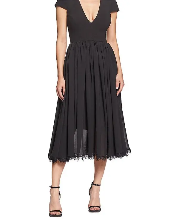 Dress The Population Corey Deep V-neck Lace Trim Midi Dress - Black