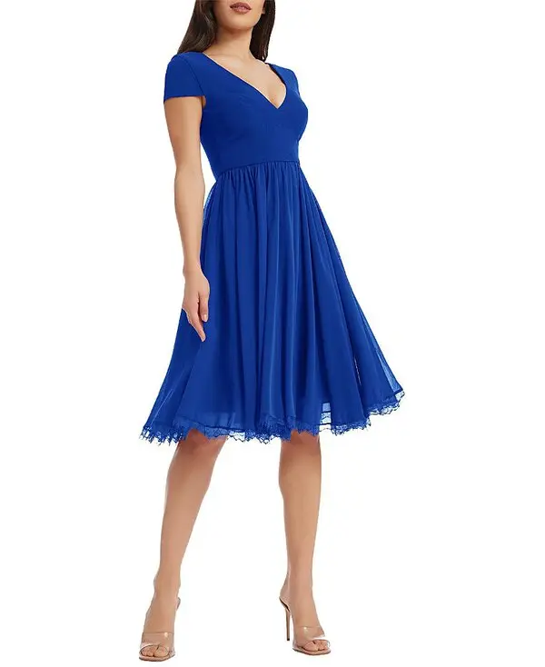 Dress The Population Corey Deep V-neck Lace Trim Midi Dress - Electric Blue