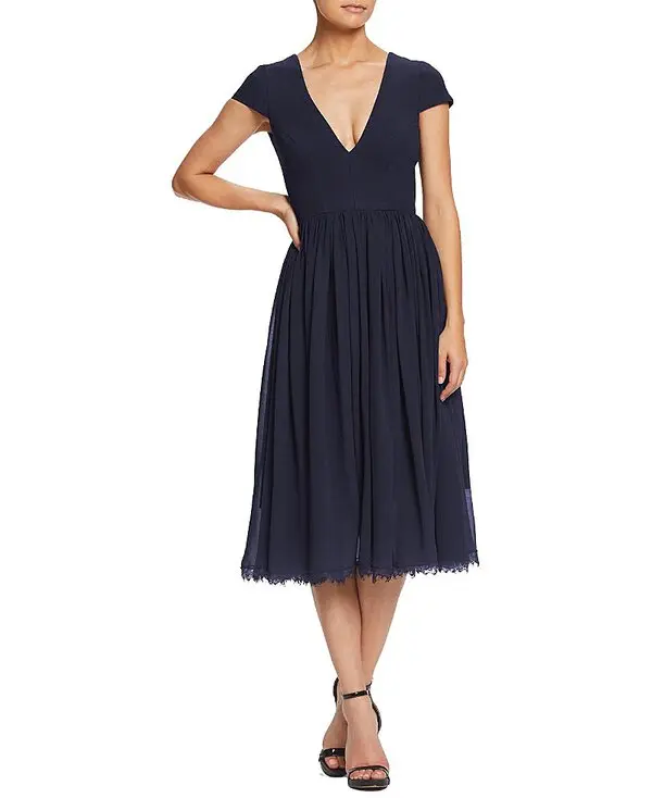 Dress The Population Corey Deep V-neck Lace Trim Midi Dress - Midnight Blue