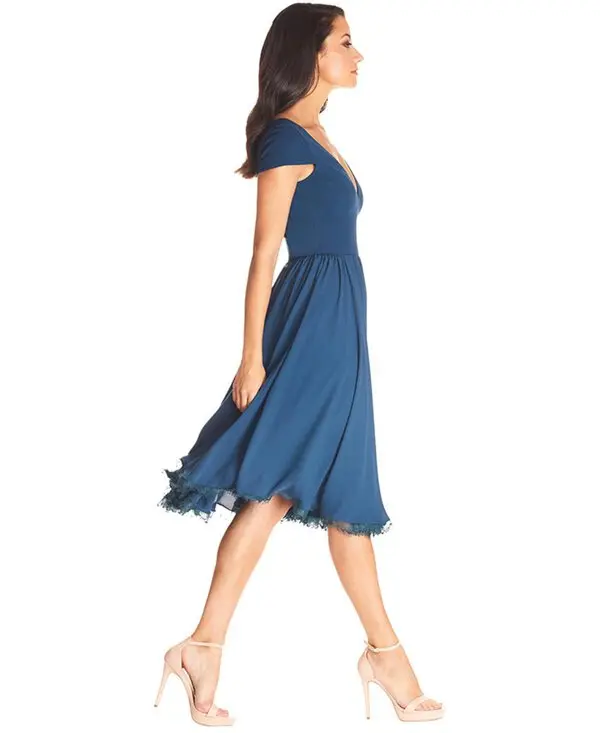 Dress The Population Corey Deep V-neck Lace Trim Midi Dress - Peacock Blue