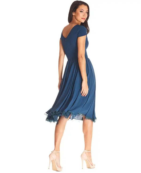 Dress The Population Corey Deep V-neck Lace Trim Midi Dress - Peacock Blue
