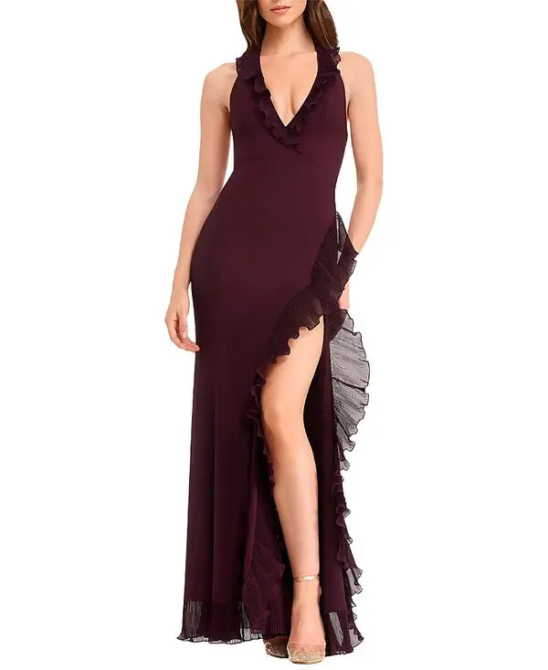 Dress The Population Kathleen Halter Plunge Ruffle Slit Gown - Dark Cherry
