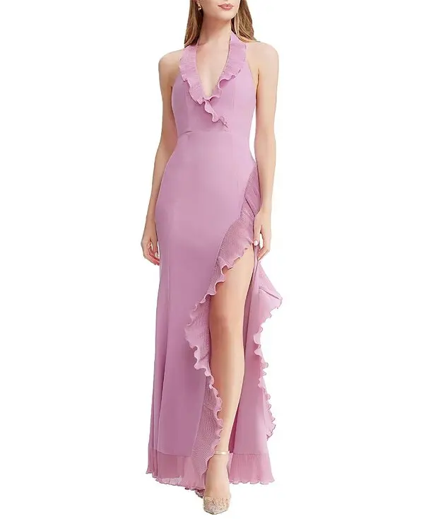 Dress The Population Kathleen Halter Plunge Ruffle Slit Gown - Lavender