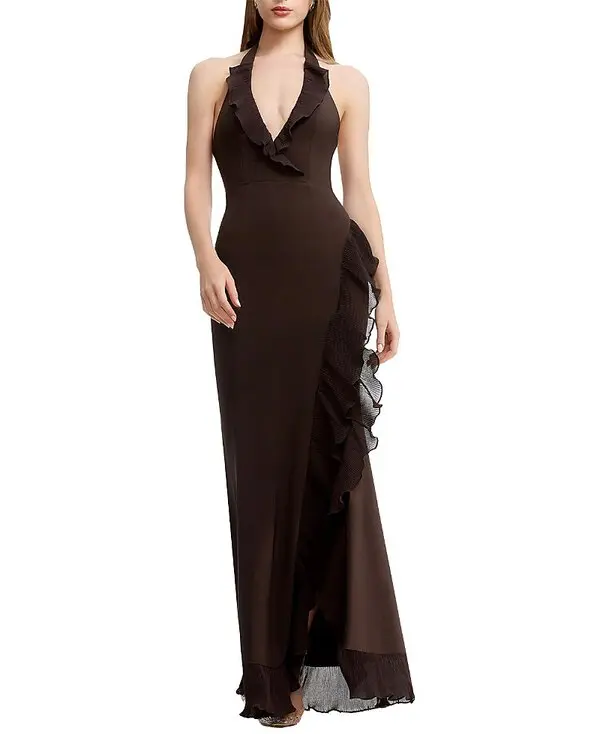 Dress The Population Kathleen Halter Plunge Ruffle Slit Gown - Mocha