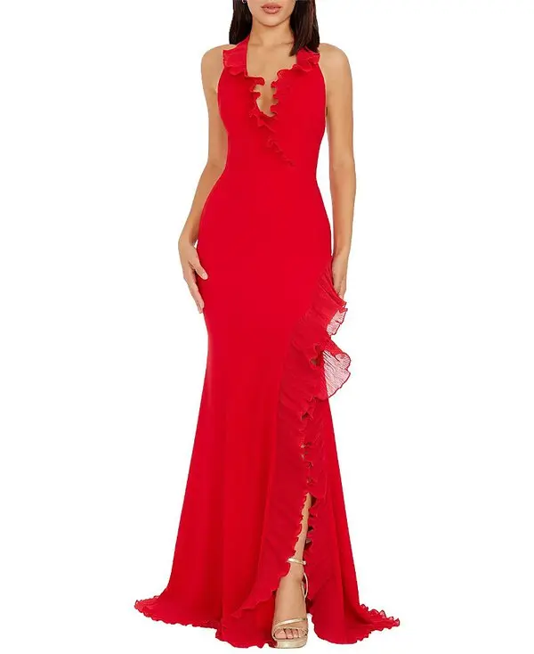 Dress The Population Kathleen Halter Plunge Ruffle Slit Gown - Rouge