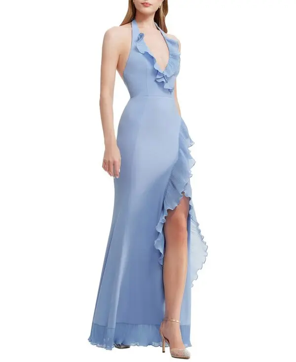 Dress The Population Kathleen Halter Plunge Ruffle Slit Gown - Sky