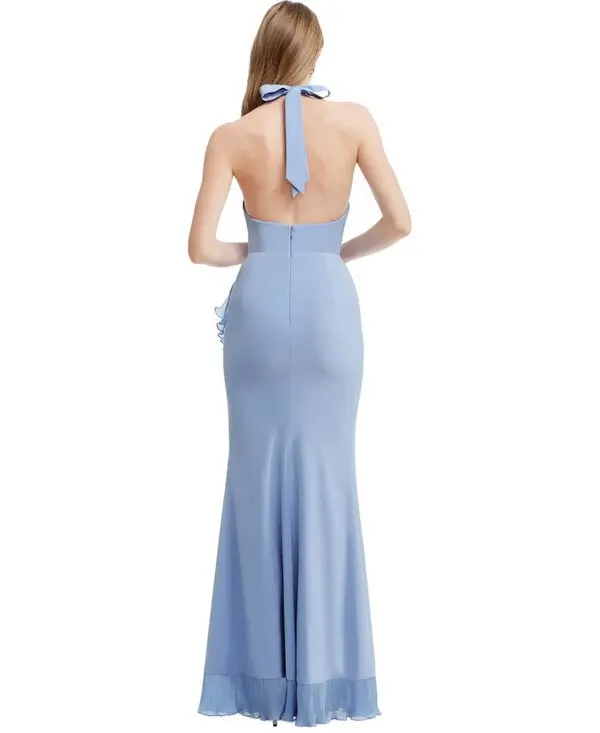 Dress The Population Kathleen Halter Plunge Ruffle Slit Gown - Sky