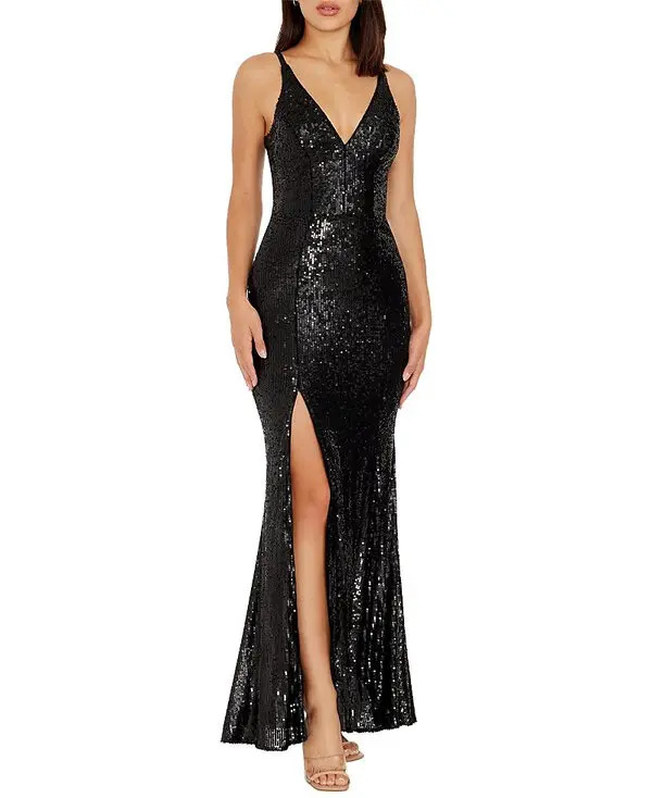 Dress The Population Iris V-neck Sequin High Slit Mermaid Gown - Black