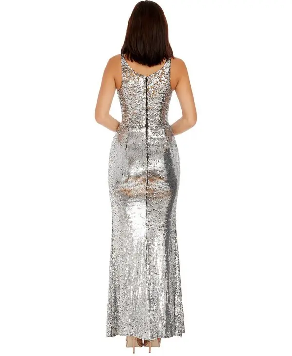 Dress The Population Iris V-neck Sequin High Slit Mermaid Gown - Silver