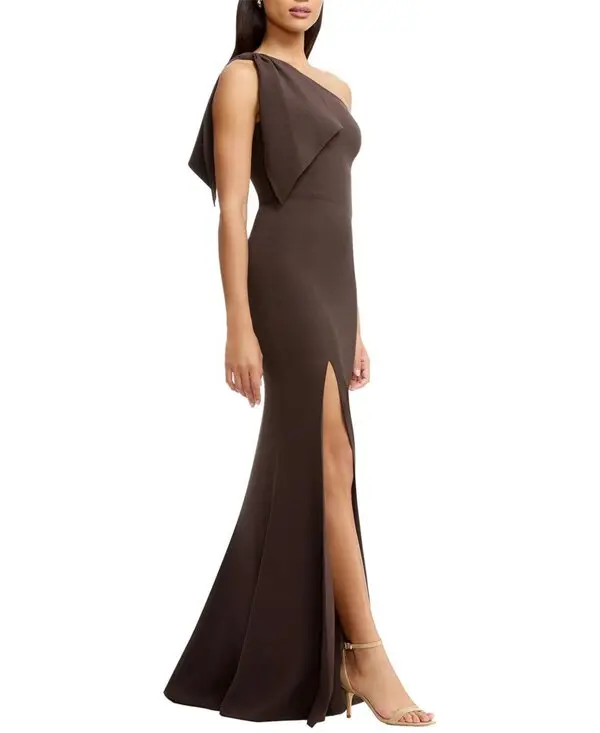 Dress The Population Georgina One Shoulder Bow Ruffle Gown - Mocha