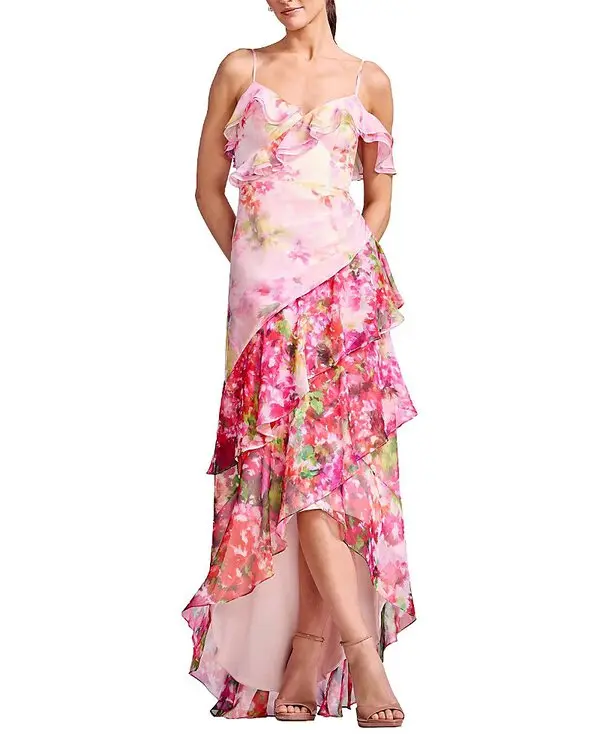 Dress The Population Lumi Spaghetti Strap Floral Print Cold Shoulder Ruffle Gown - Blush Multi