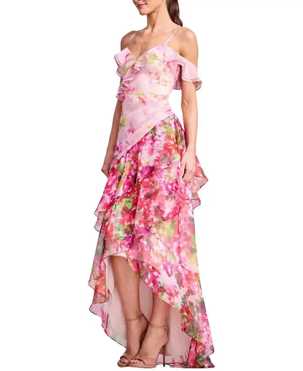 Dress The Population Lumi Spaghetti Strap Floral Print Cold Shoulder Ruffle Gown - Blush Multi