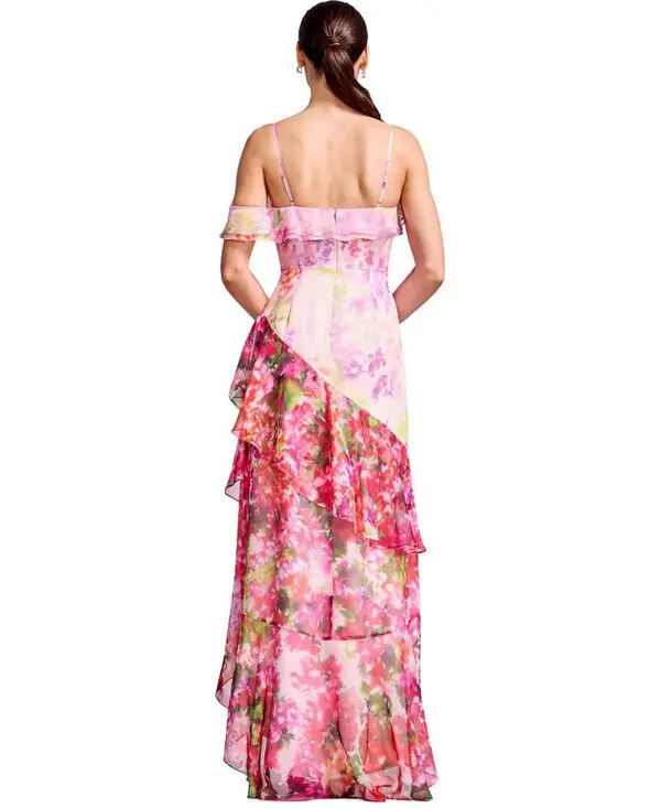 Dress The Population Lumi Spaghetti Strap Floral Print Cold Shoulder Ruffle Gown - Blush Multi