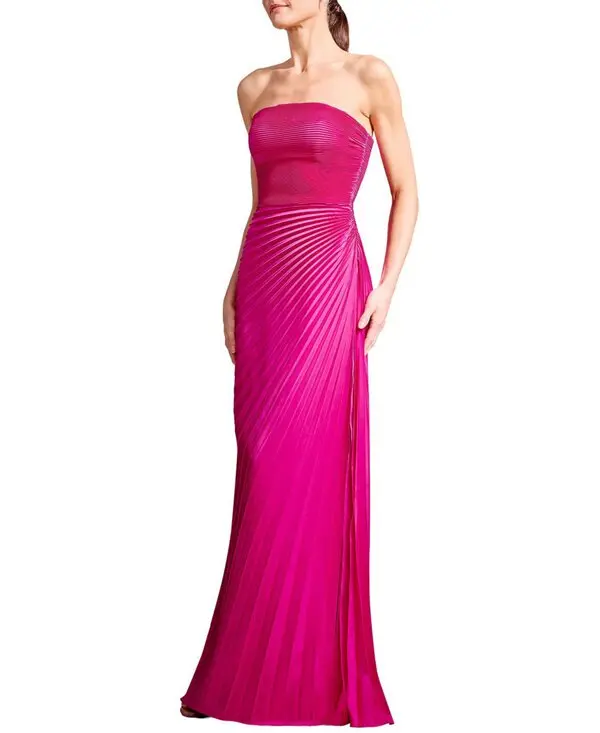 Dress The Population Kinley Strapless Pleated Satin Gown - Bright Fuchsia