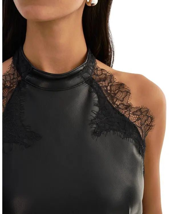 LAMARQUE Ginny Lace Trim Faux Leather Top - Black