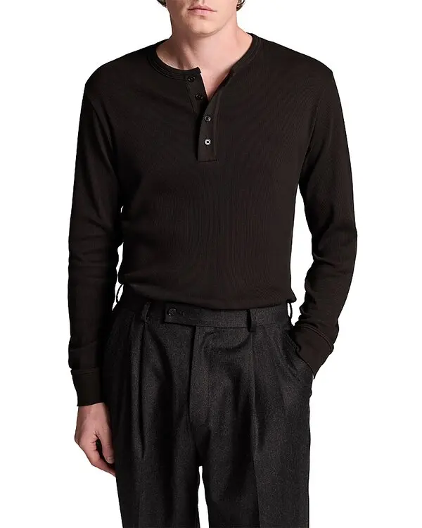 Vince Ribbed Stretch Cotton Henley Shirt - Black