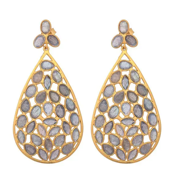 OPIUM JEWELS Grey / Gold Dew Drop Jali Earrings Labradorite - Grey/gold