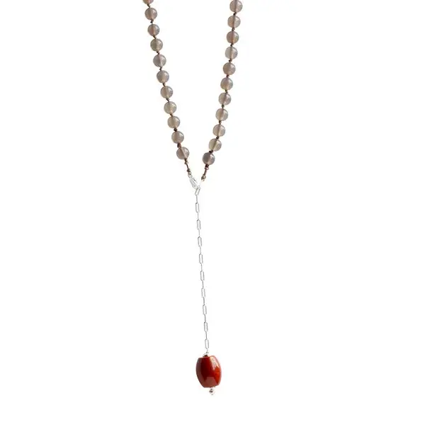 AMONTA Silent Fire Hand-knotted Agate And Jasper Necklace - Grey/orange/silver