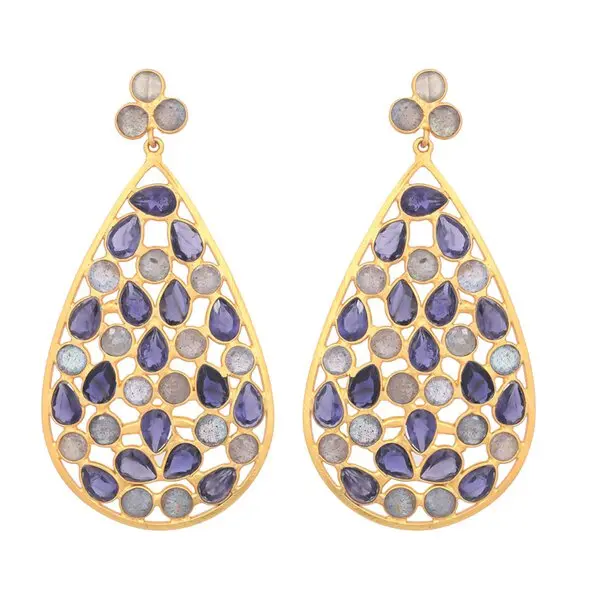 OPIUM JEWELS Blue / Gold / Grey Dew Drop Jali Earrings Labradorite & Iolite - Blue/gold/grey