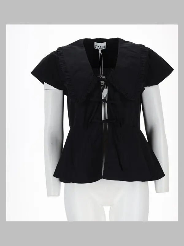 GANNI Organic Cotton Sailor Collar Lace-up Peplum Top
