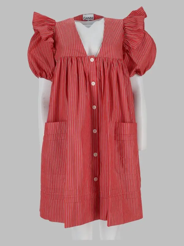 GANNI Striped Puff Sleeve Button Front Dress