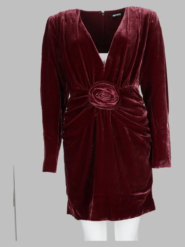 ROTATE BY BIRGER CHRISTENSEN Velvet Long Sleeve Mini Dress With Floral Waist Detail - Bordeaux