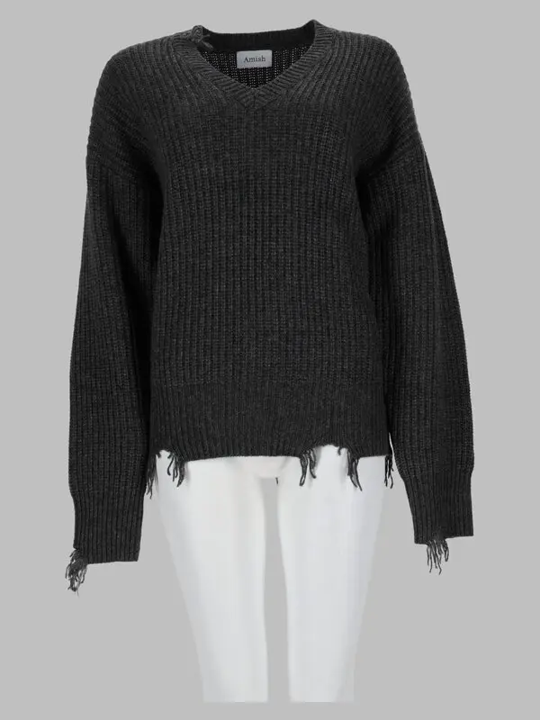 AMISH SUPPLIES Distressed V-neck Knit Sweater With Frayed Hem