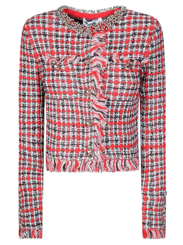 SELF-PORTRAIT Check Frayed Knit Jacket