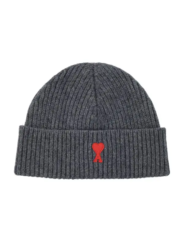 AMI Paris Wool Ribbed Knit Beanie - Grey